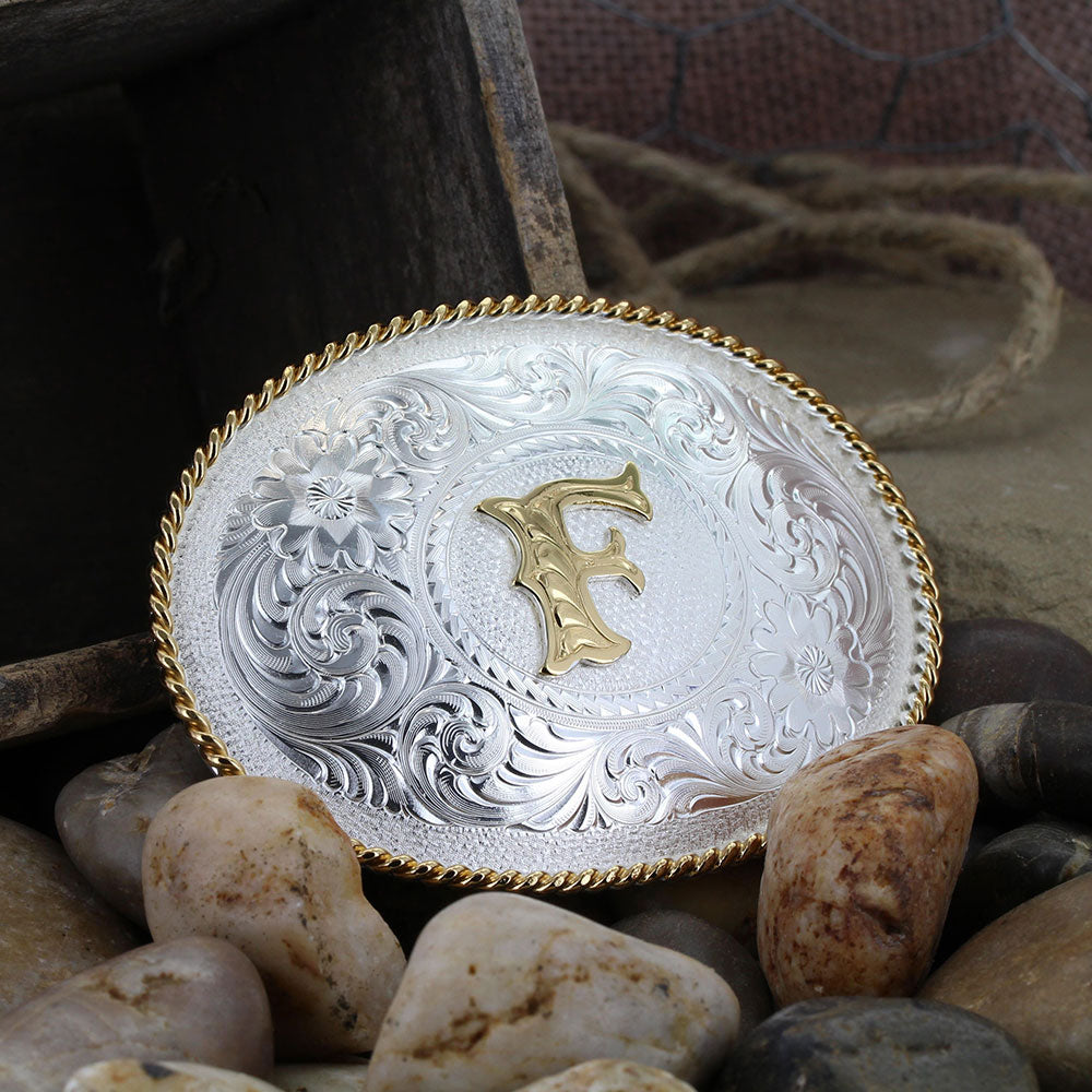 Initial F Silver Engraved Gold Trim Western Belt Buckle – Los Potrillos ...
